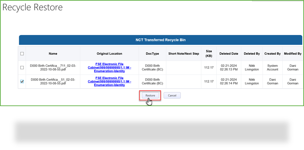 Viewing and Restoring Documents from a Transferred Case File – NCT CaseWorks