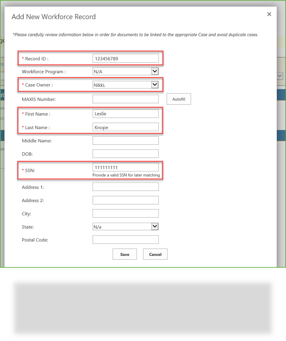 Adding a Record Manually (WFE) – NCT CaseWorks