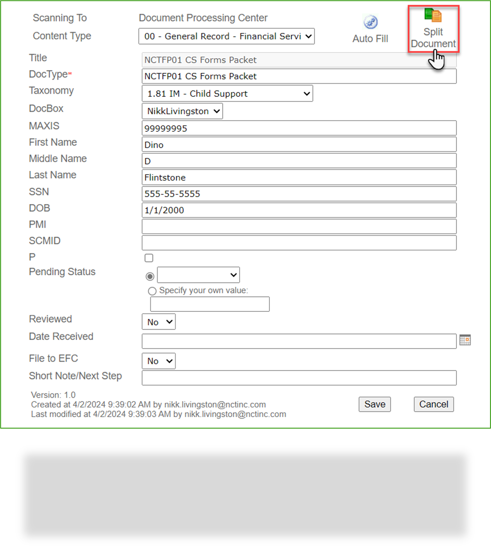 Split a Document – in Edit Properties (NCT) – NCT CaseWorks